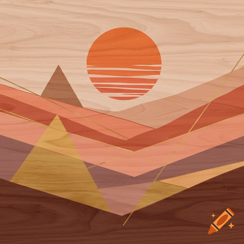 Abstract geometric landscape with mountains and sun on wood texture in ...