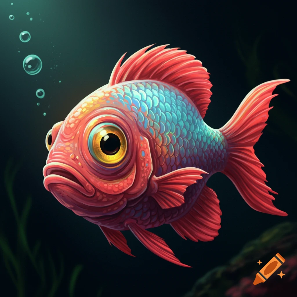 A cartoonish red and blue fish with large eyes floats underwater. on ...