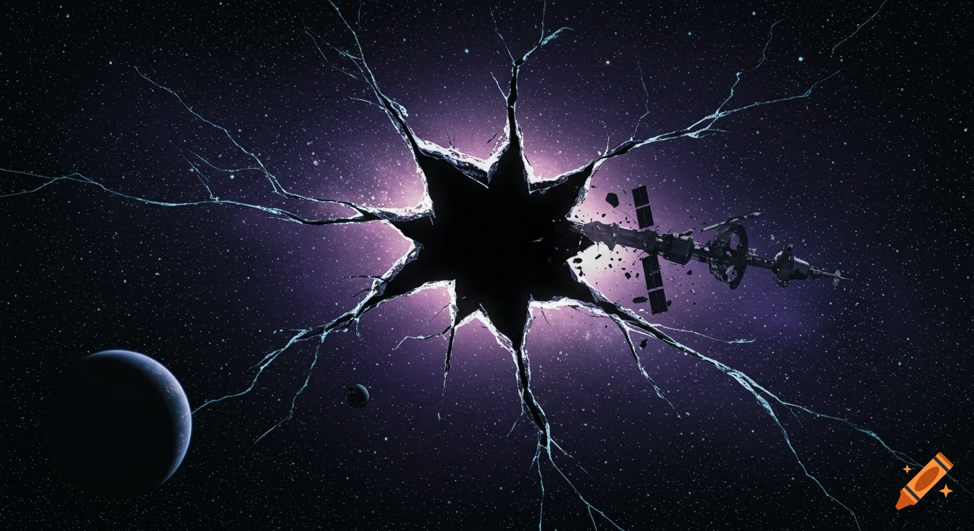 Jagged crack in space revealing a void, with a damaged space station ...