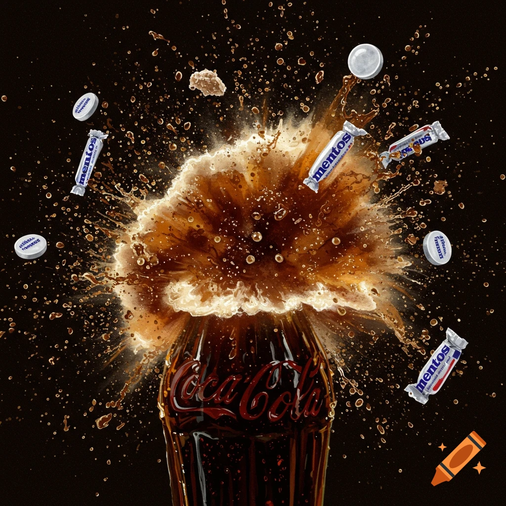 Photorealistic close-up of a Coca-Cola bottle exploding as Mentos are ...