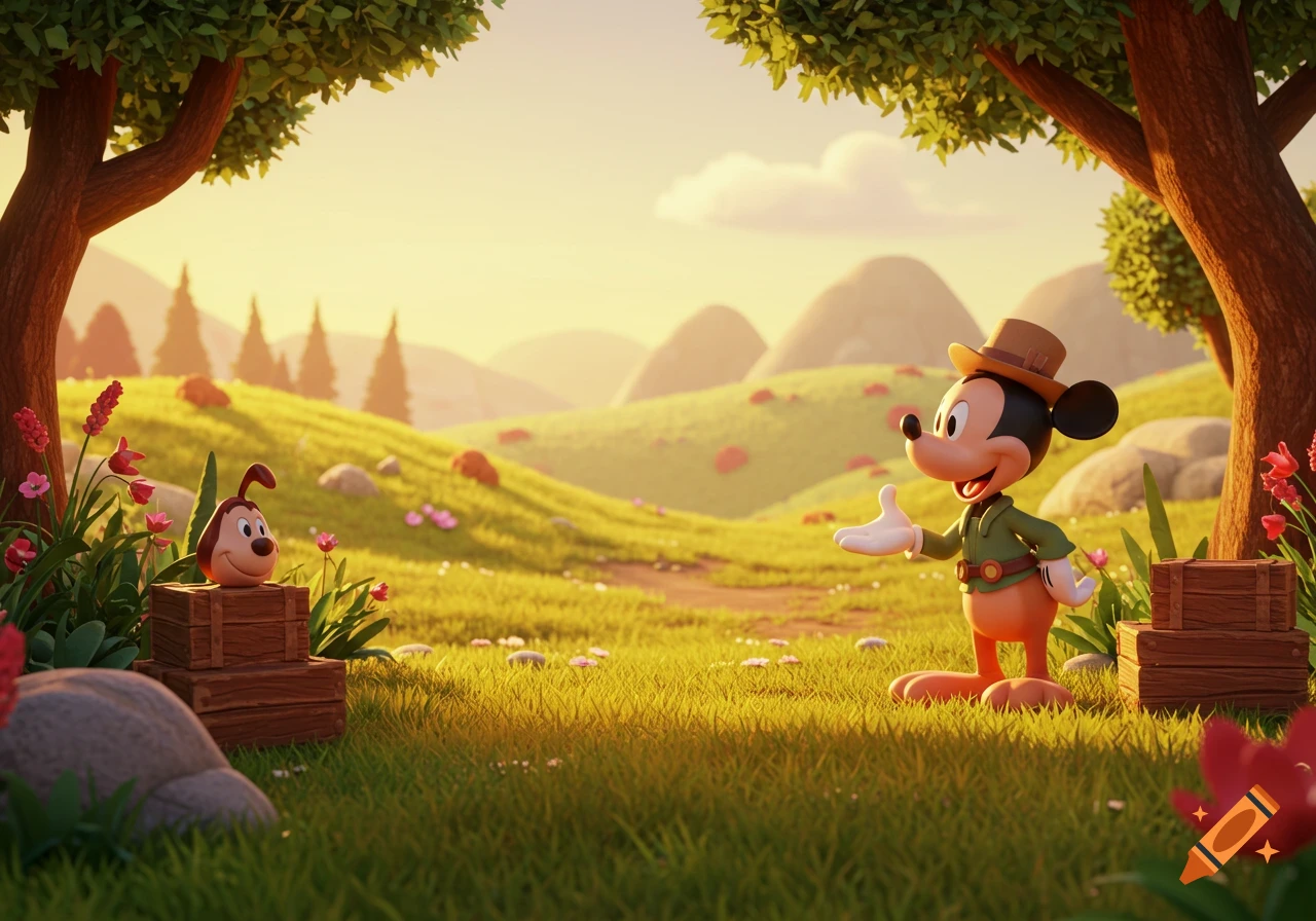 Mickey Mouse and a dog in a sunny grassy landscape, 3D cartoon style ...