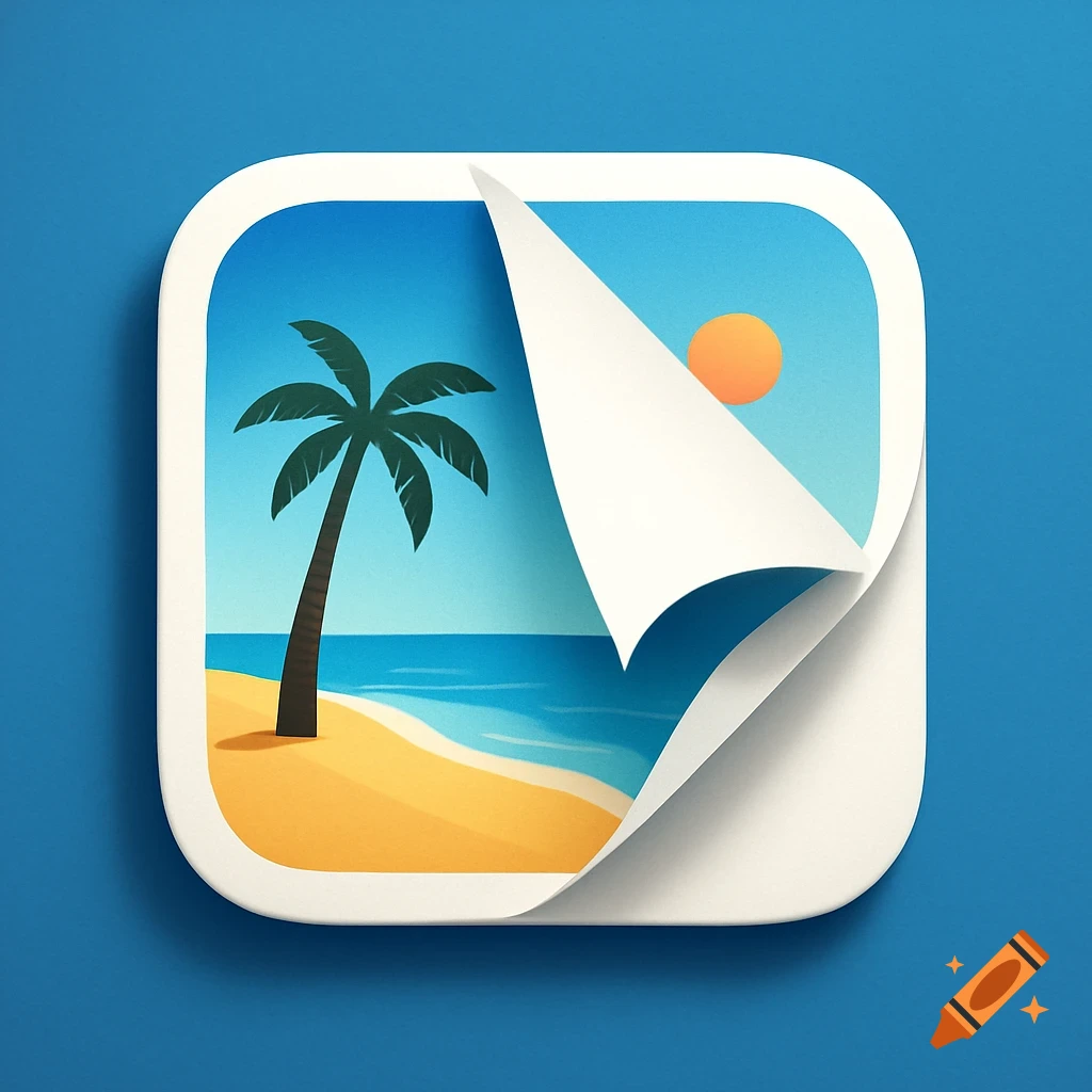 Stylized app icon showing a page peeling back to reveal a beach scene ...