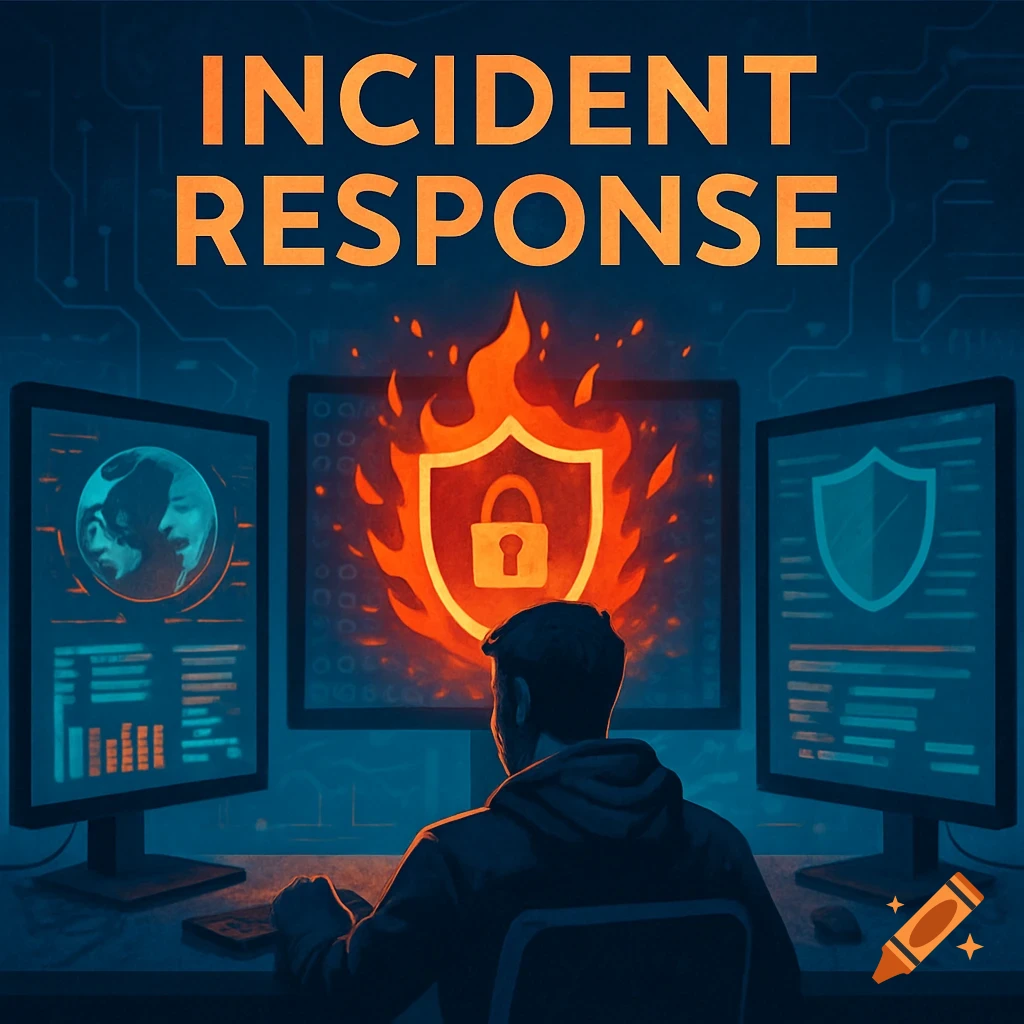 Person working on computers with cyber security graphics and text ...