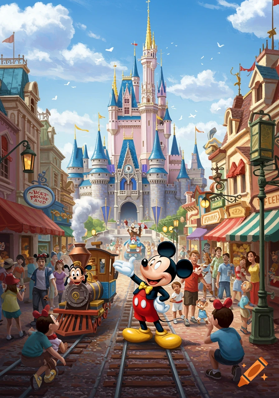 Mickey Mouse waves near a train with Goofy in front of a castle and ...