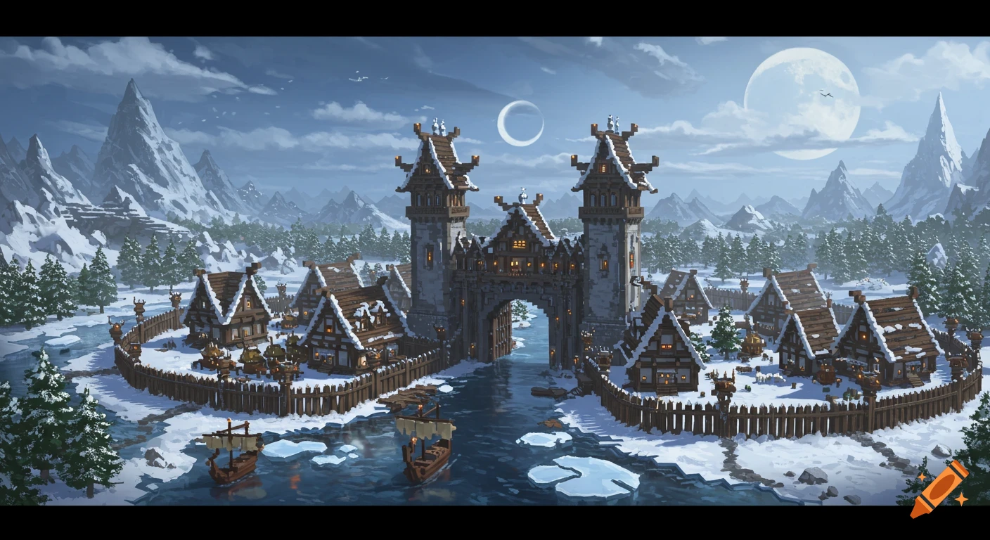A pixelated fantasy village with a large gate through a frozen river ...