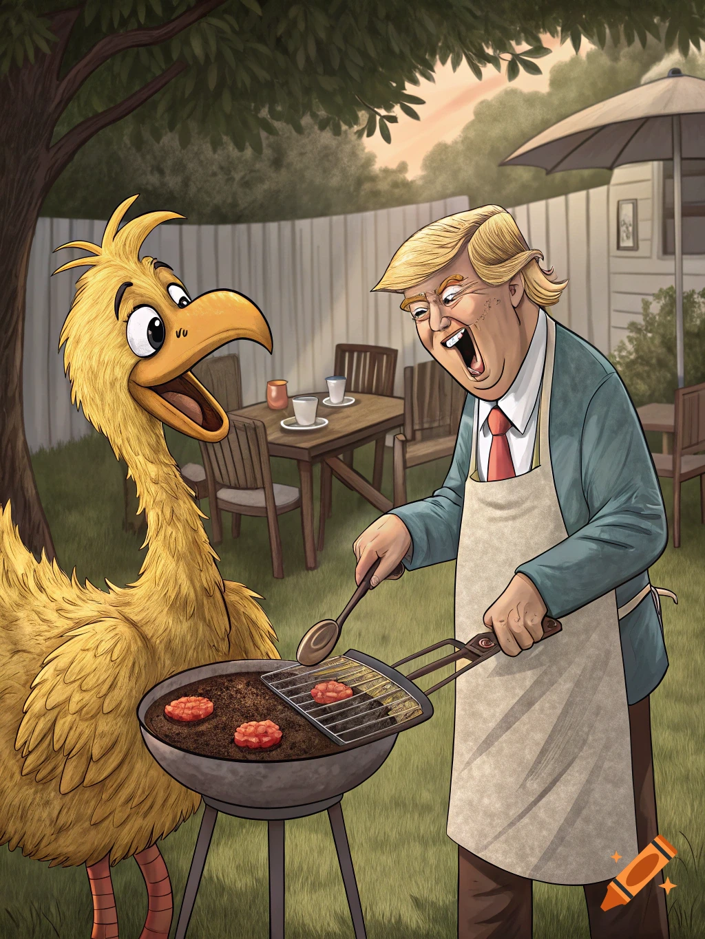 Illustration of Donald Trump cooking a large yellow bird on a grill in ...