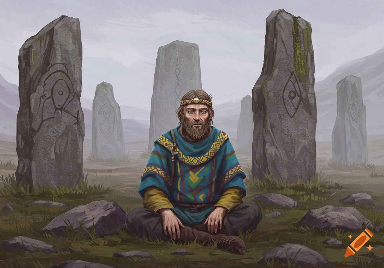 A man in ancient Pictish clothing sits cross-legged among carved ...