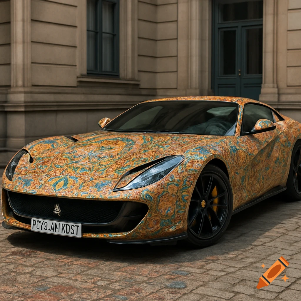Realistic image of a Ferrari 812 Superfast covered in a detailed orange ...
