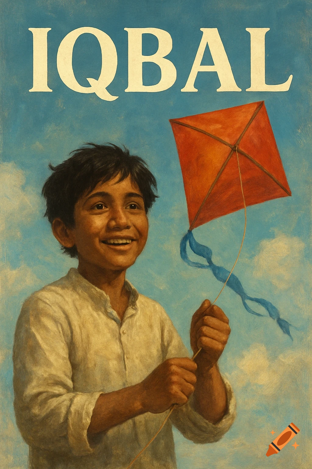 Painting of a smiling boy holding a string attached to an orange kite ...