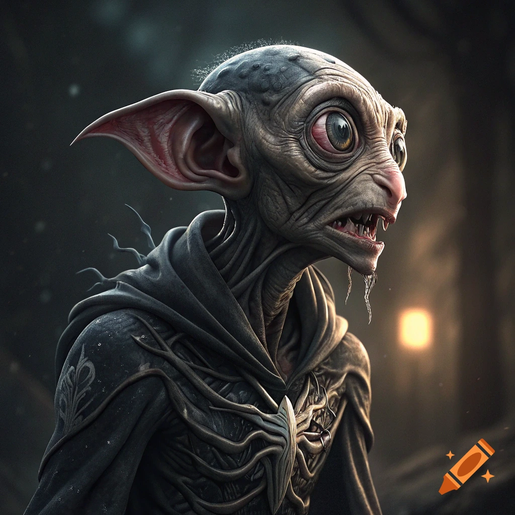 Close-up of a grotesque grey creature with large ears, bulging eyes ...