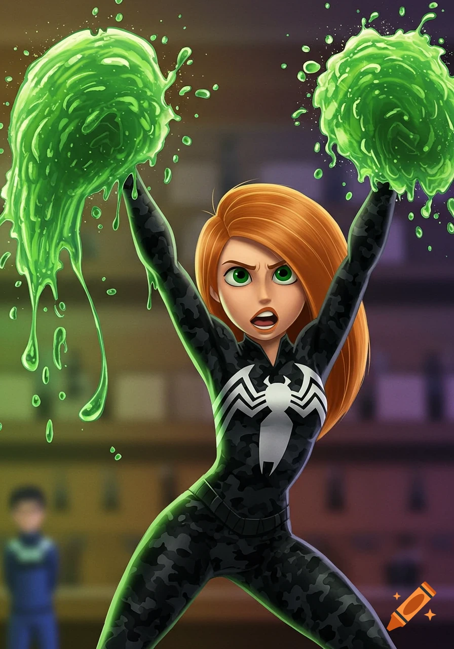 Cartoon Kim Possible in a black Venom suit throwing green slime. on Craiyon
