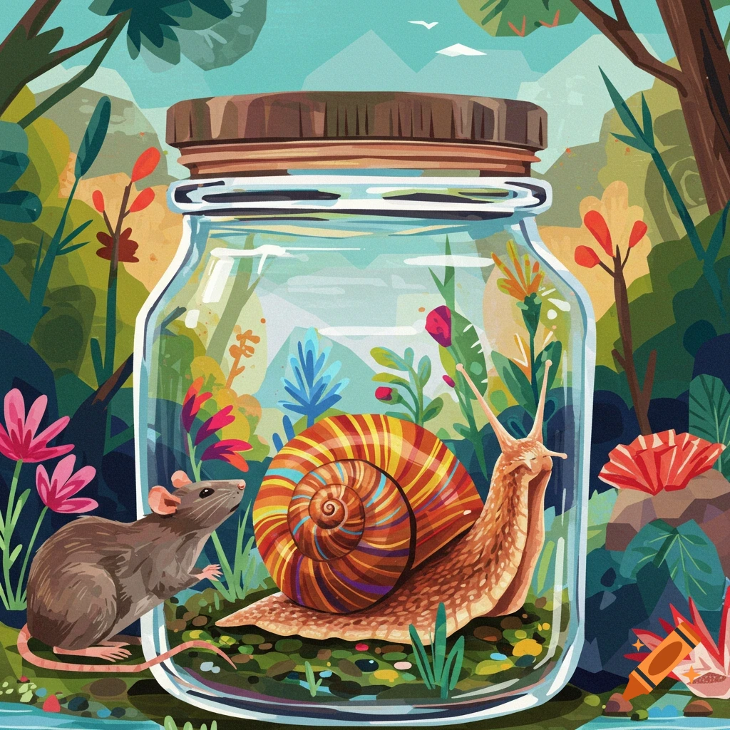 A stylized illustration of a colorful snail and a rat inside a glass ...