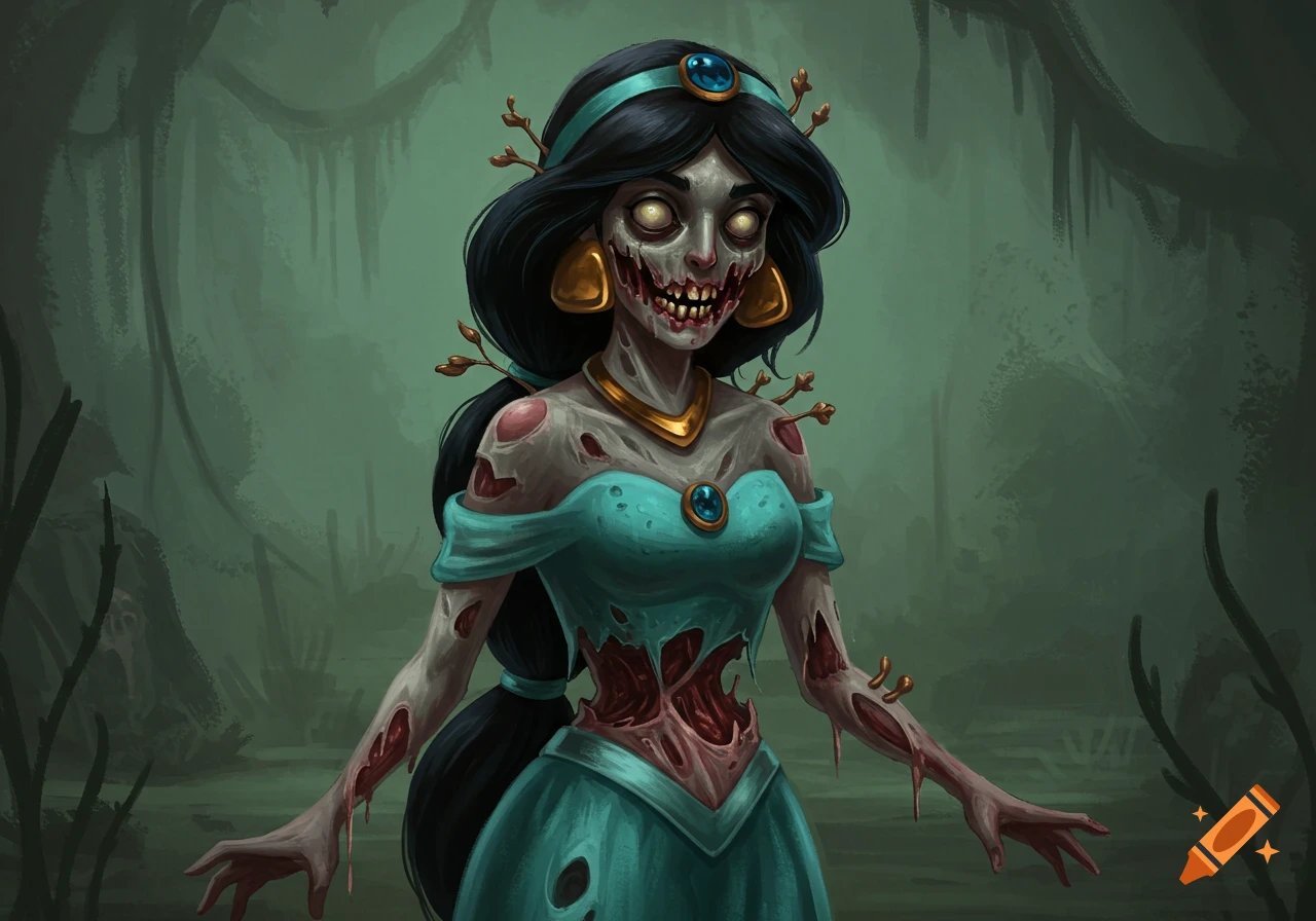Stylized illustration of a zombie version of Princess Jasmine in a ...