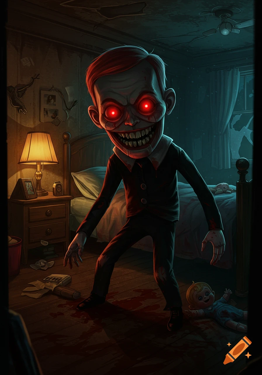 A creepy dummy with glowing red eyes and sharp teeth stands in a dark ...