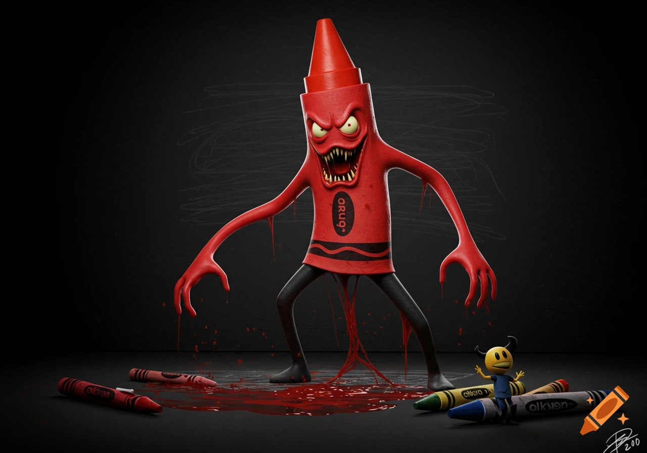 Scary red crayon monster stands over spilled red liquid with other ...