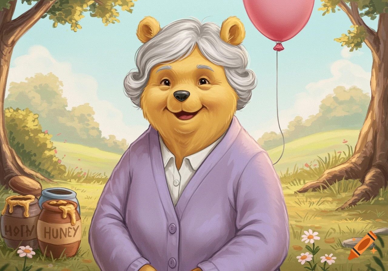 Winnie the Pooh bear dressed as an old lady in a forest clearing with ...