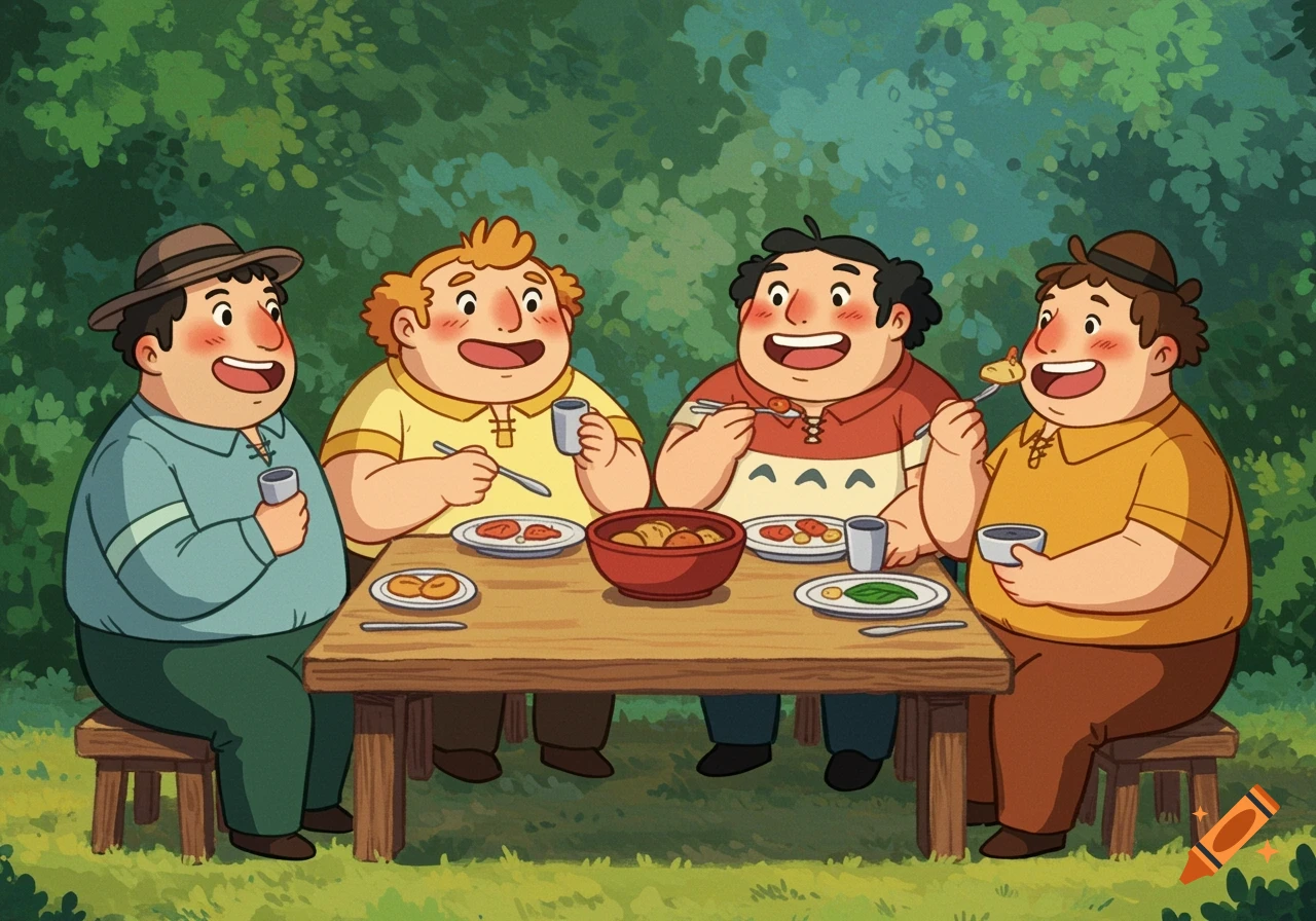 Four cartoon men happily eat a meal at a table outdoors in Ghibli style ...