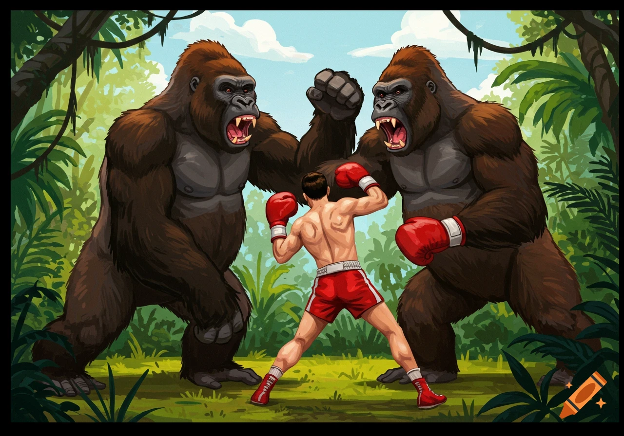Illustration of two gorillas fighting a boxer in a jungle. on Craiyon