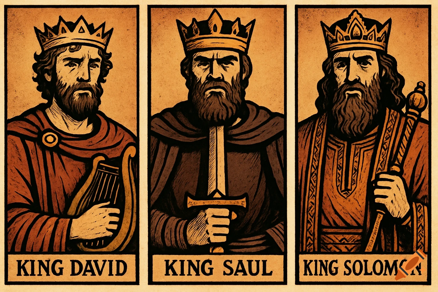 Three biblical kings, David, Saul, and Solomon, in a graphic novel style with text labels. on ...