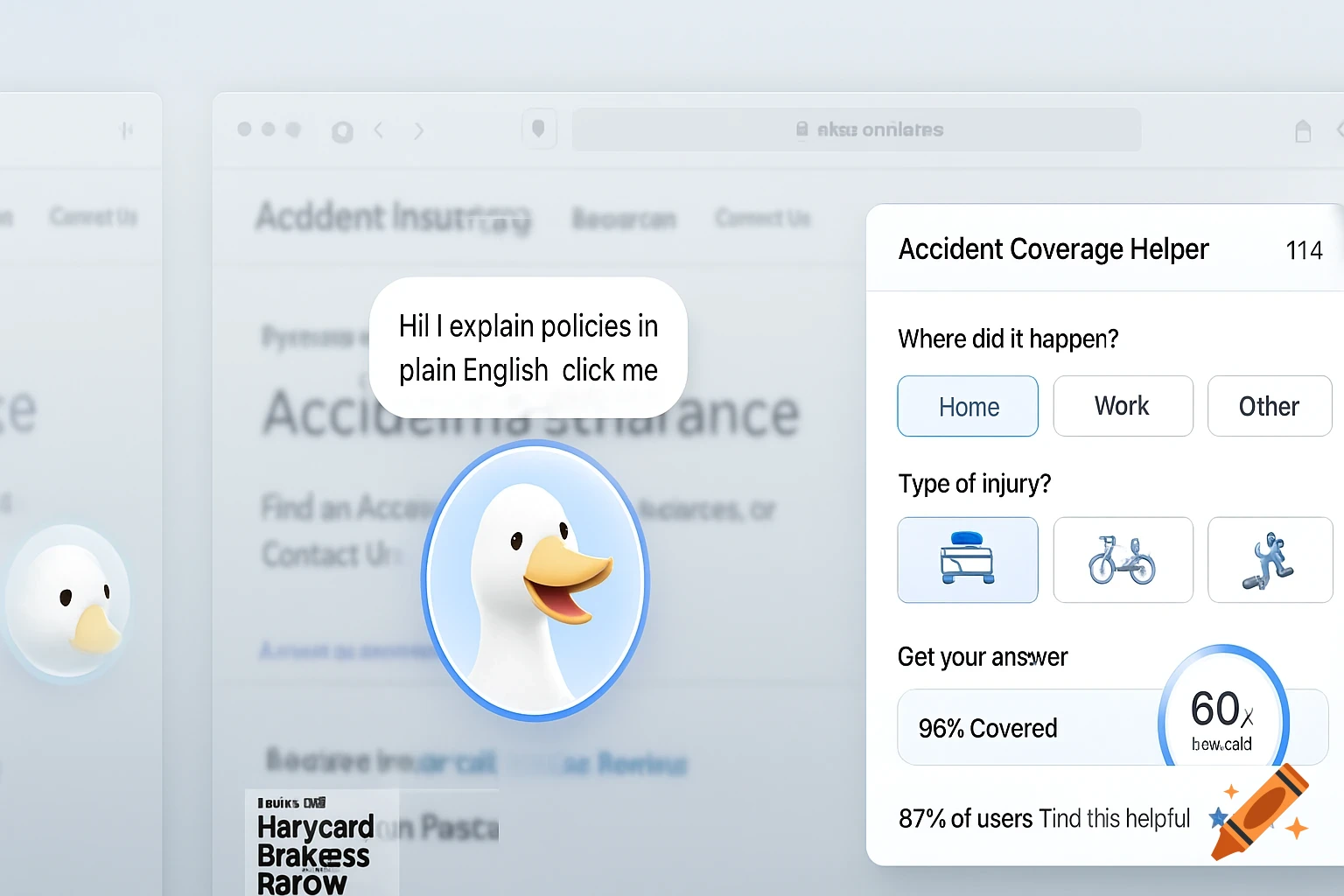 A website user interface mockup featuring a cartoon duck AI assistant ...