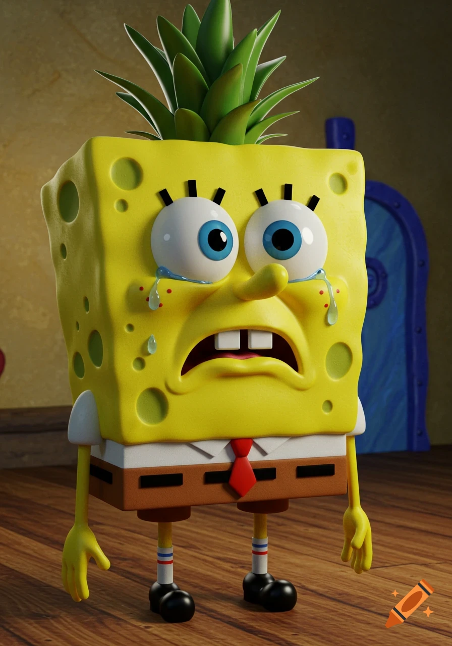 3D render of a sad, crying SpongeBob SquarePants with pineapple leaves ...