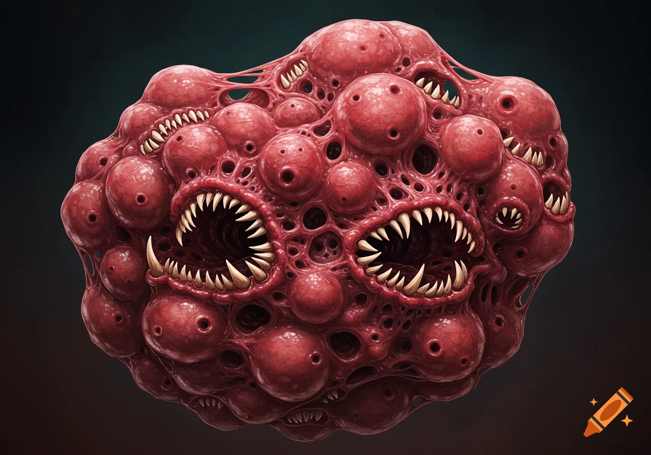 A red fleshy biomass creature covered in mouths, teeth, and holes. on ...