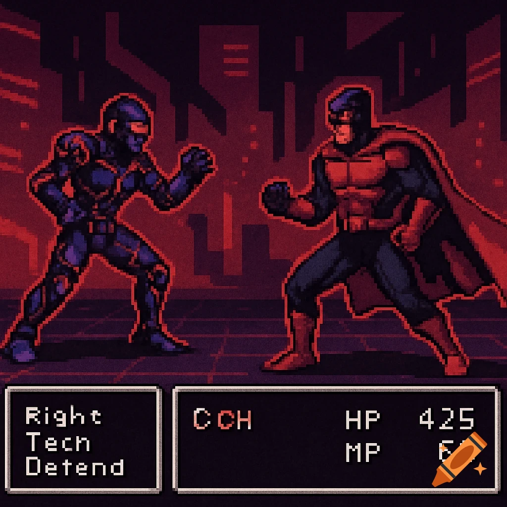 Pixel art RPG battle screen with two figures in combat stances and menu ...