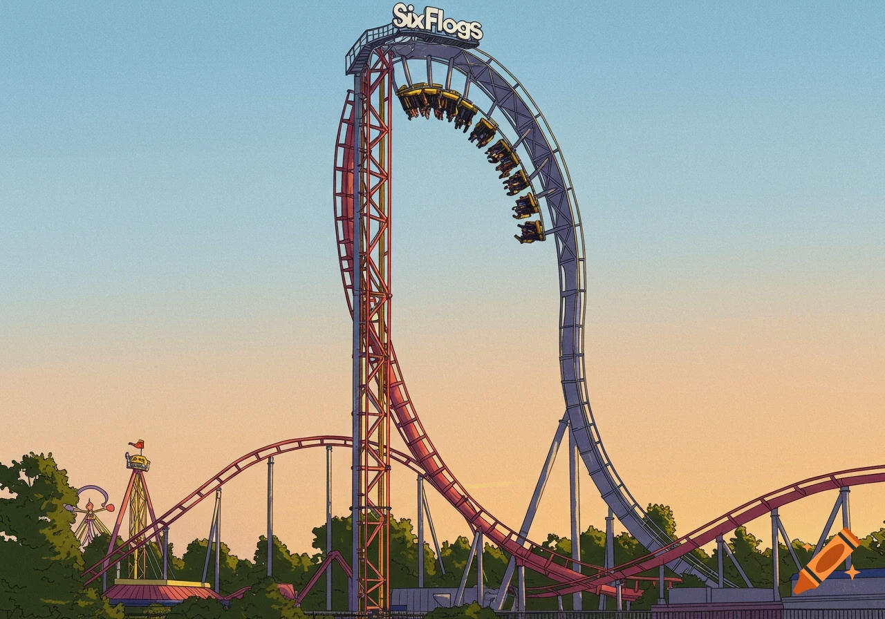 Illustrated scene of a large roller coaster with a loop and other rides at an amusement park ...