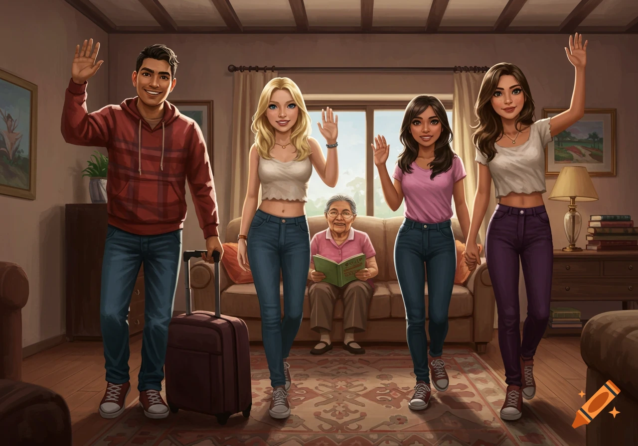 A family of young adults waves goodbye while an older woman reads on a ...