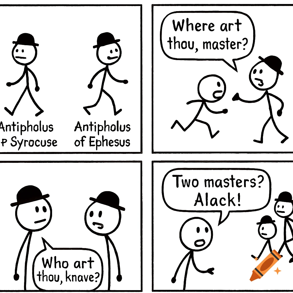 A four-panel stick figure comic strip depicts a scene from Shakespeare ...