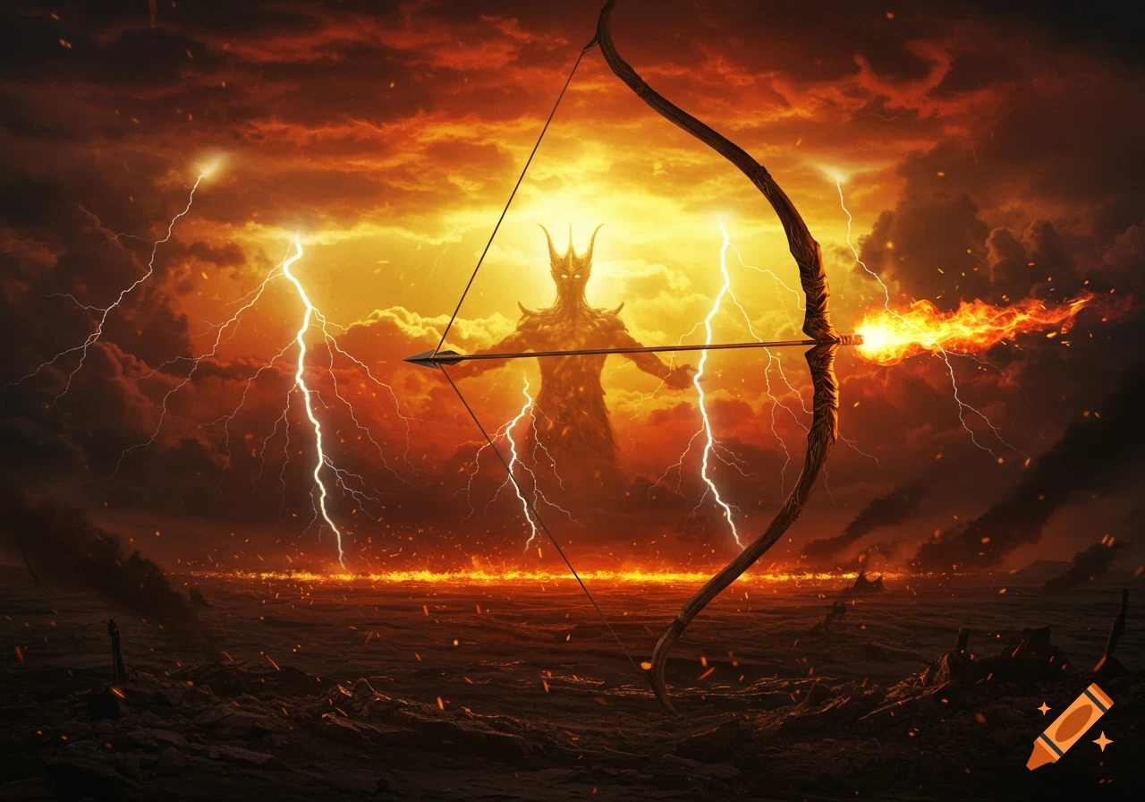 A large, horned creature stands in a fiery, stormy landscape behind a ...