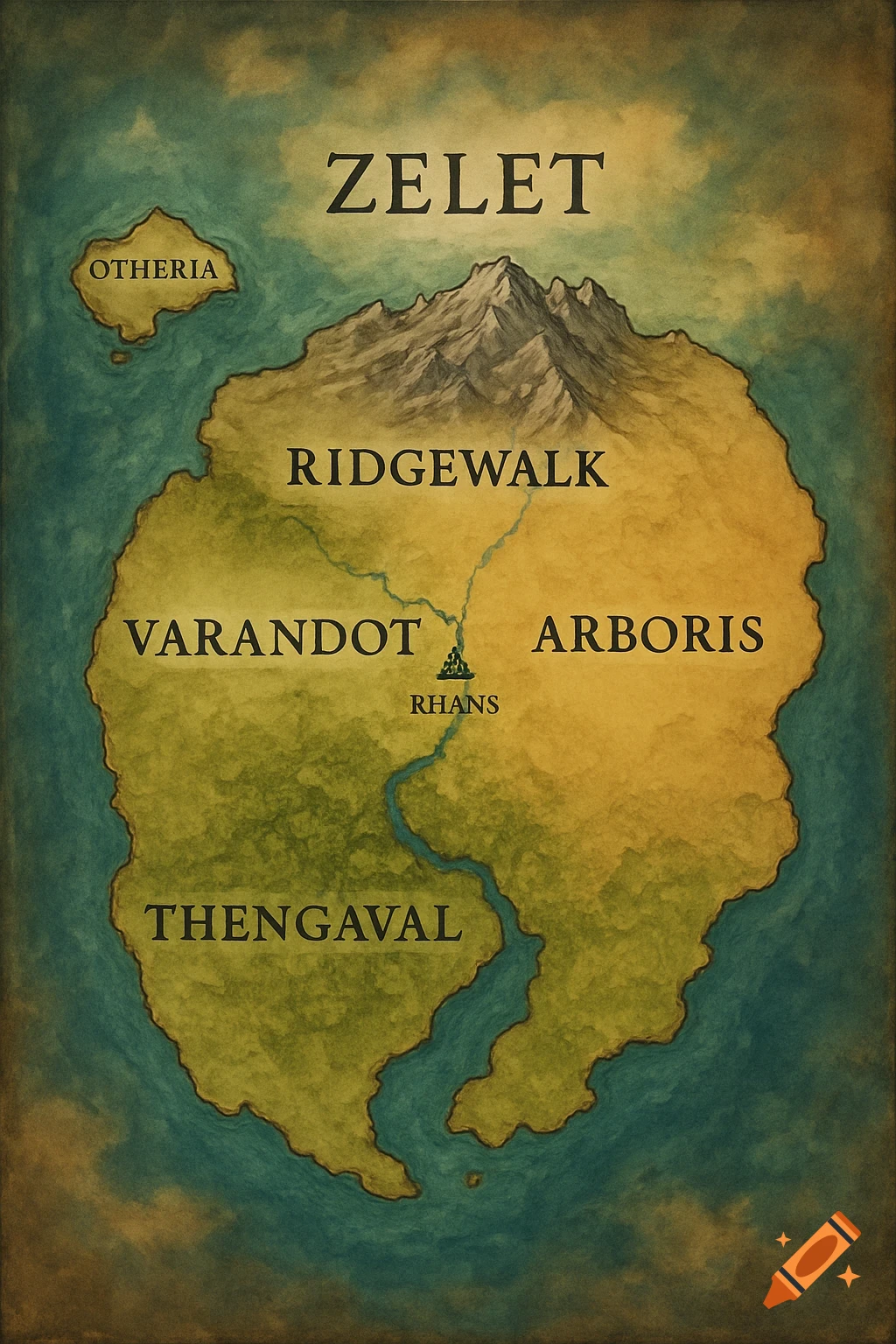 A fantasy world map showing a continent with regions and an island ...