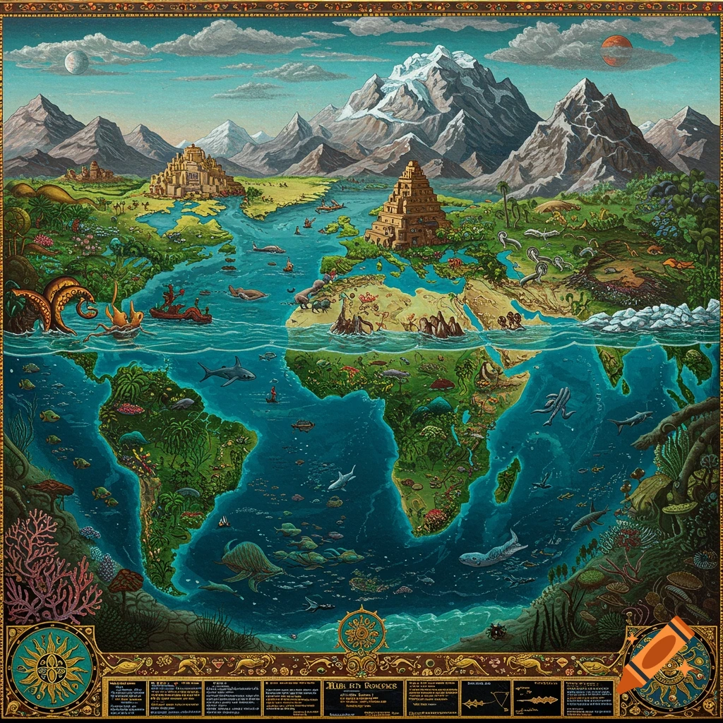 Detailed illustrated world map with continents, oceans, mountains, animals, mythical creatures ...