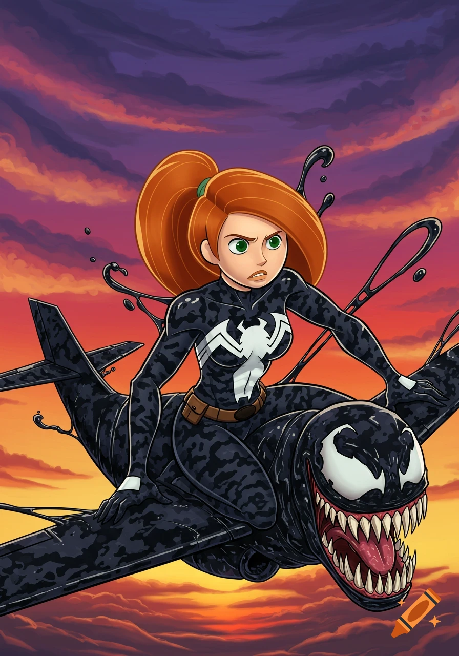 Cartoon of woman in Venom suit riding a Venom-covered airplane against ...
