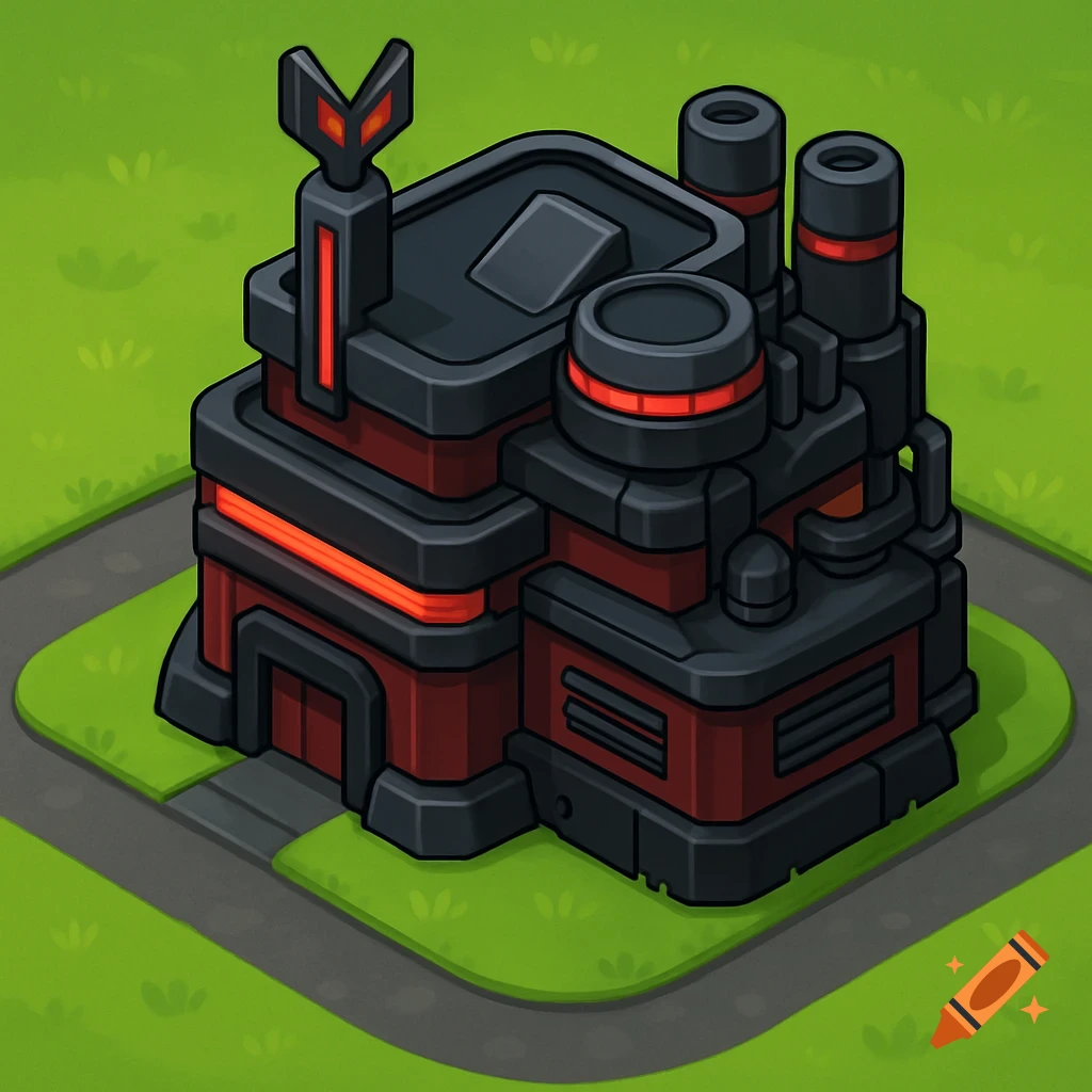 Isometric view of a dark red and black high-tech building in a game art ...