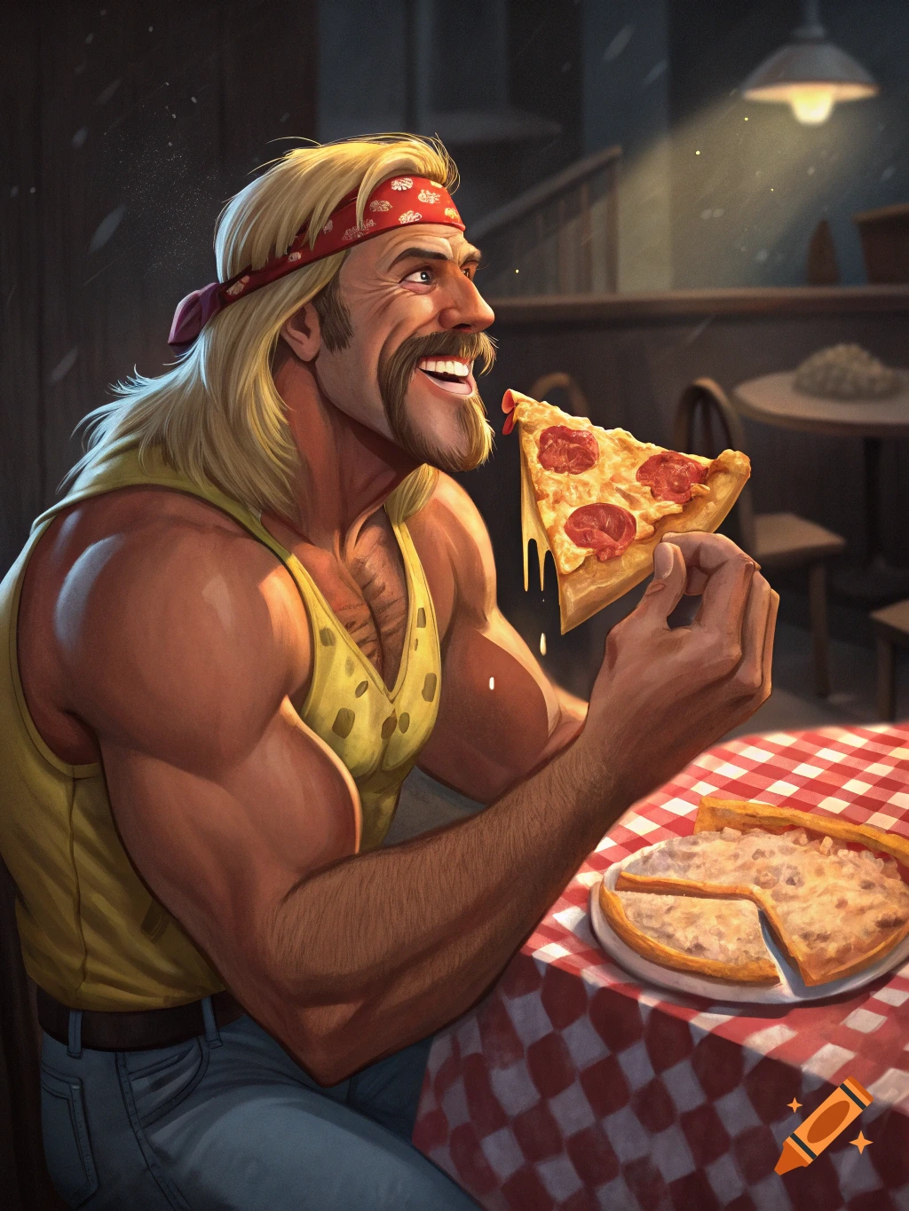 A muscular man resembling Hulk Hogan happily eating a slice of pizza at ...