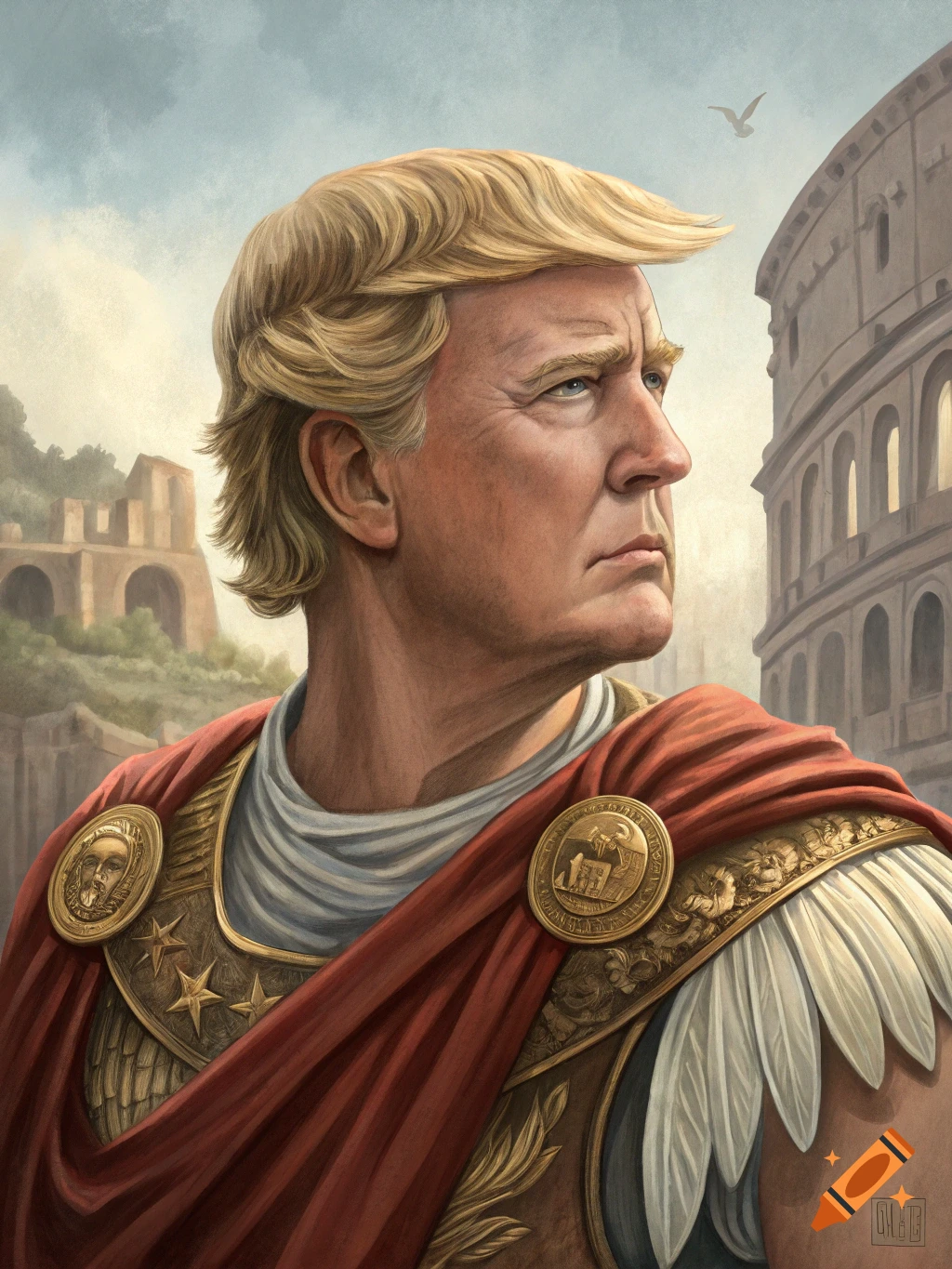 Portrait of Donald Trump depicted as a Roman General wearing a red ...