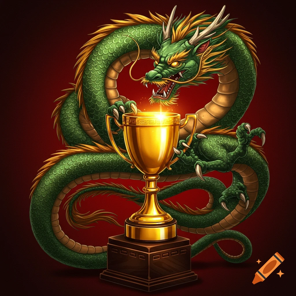 A fierce green Chinese dragon guards a golden trophy cup. on Craiyon