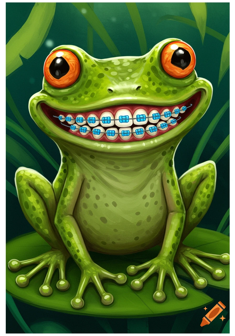 A smiling cartoon frog wearing braces sits on a green leaf. on Craiyon