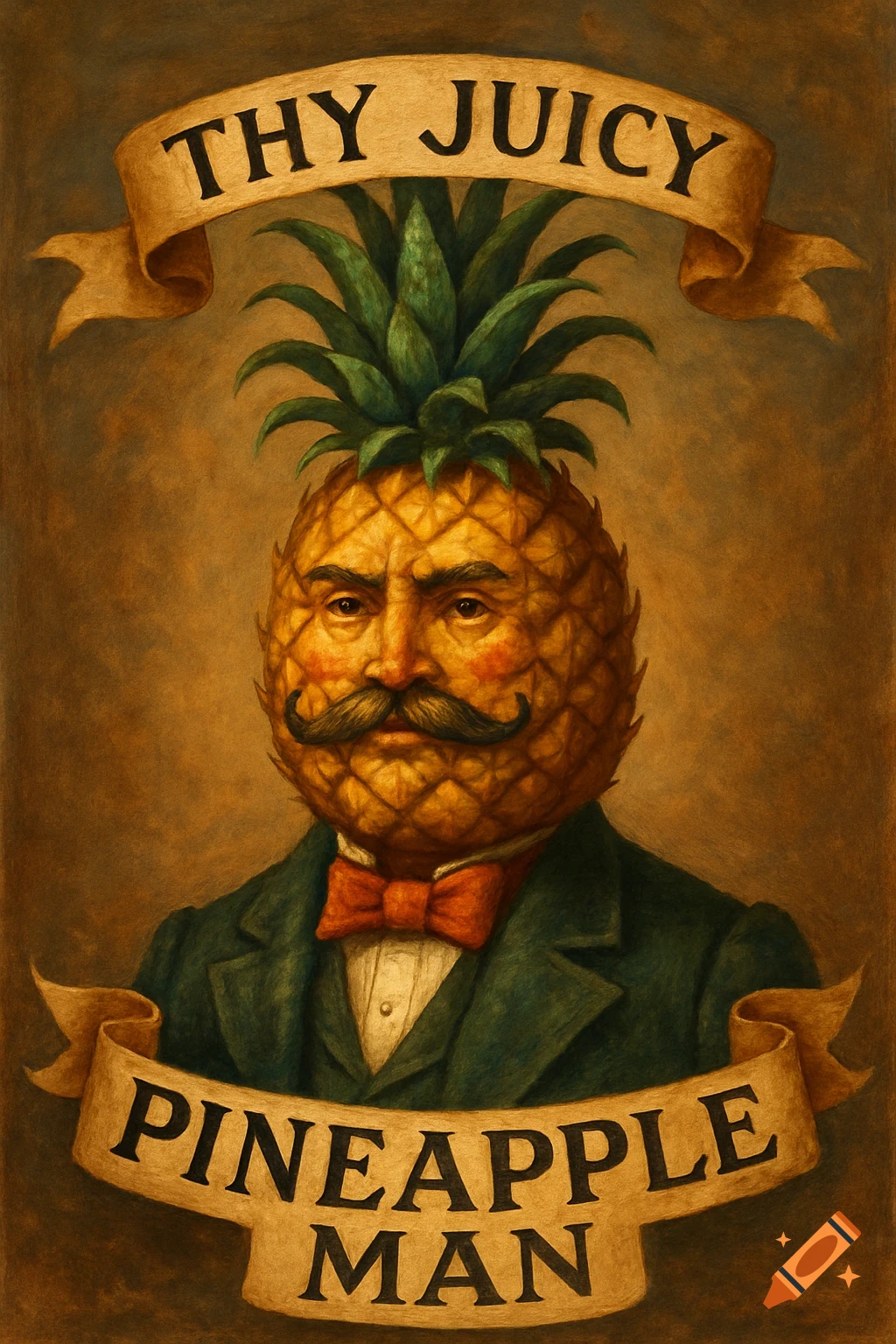 Portrait of a pineapple man in a suit with text banners on Craiyon