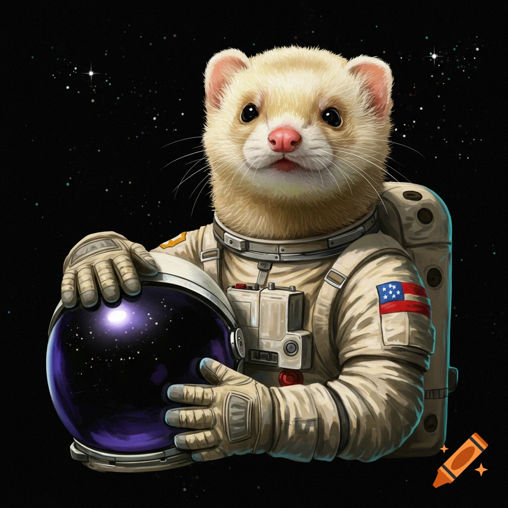 A light-colored ferret wears an astronaut suit and holds a helmet in ...