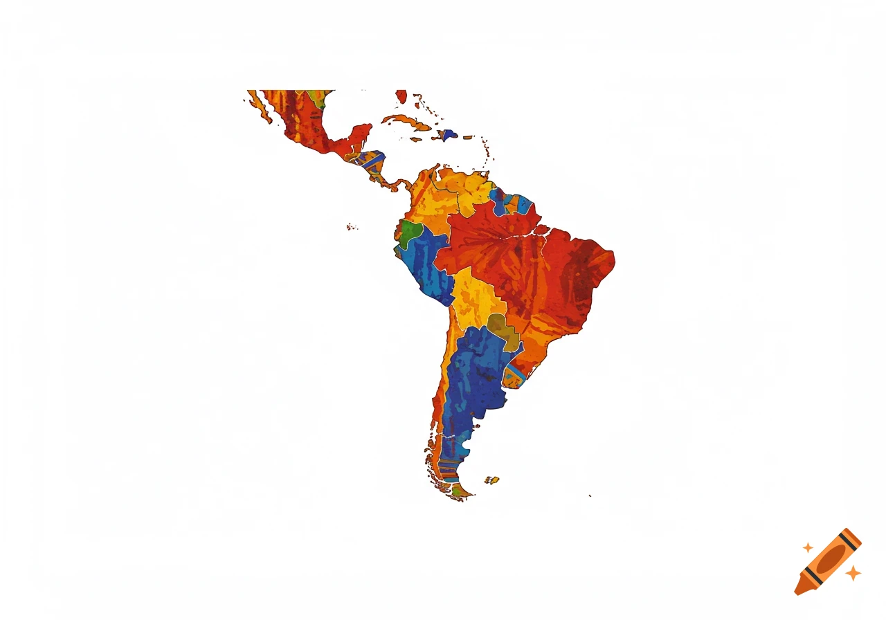 Abstract map of Latin America with bold colors on a white background ...