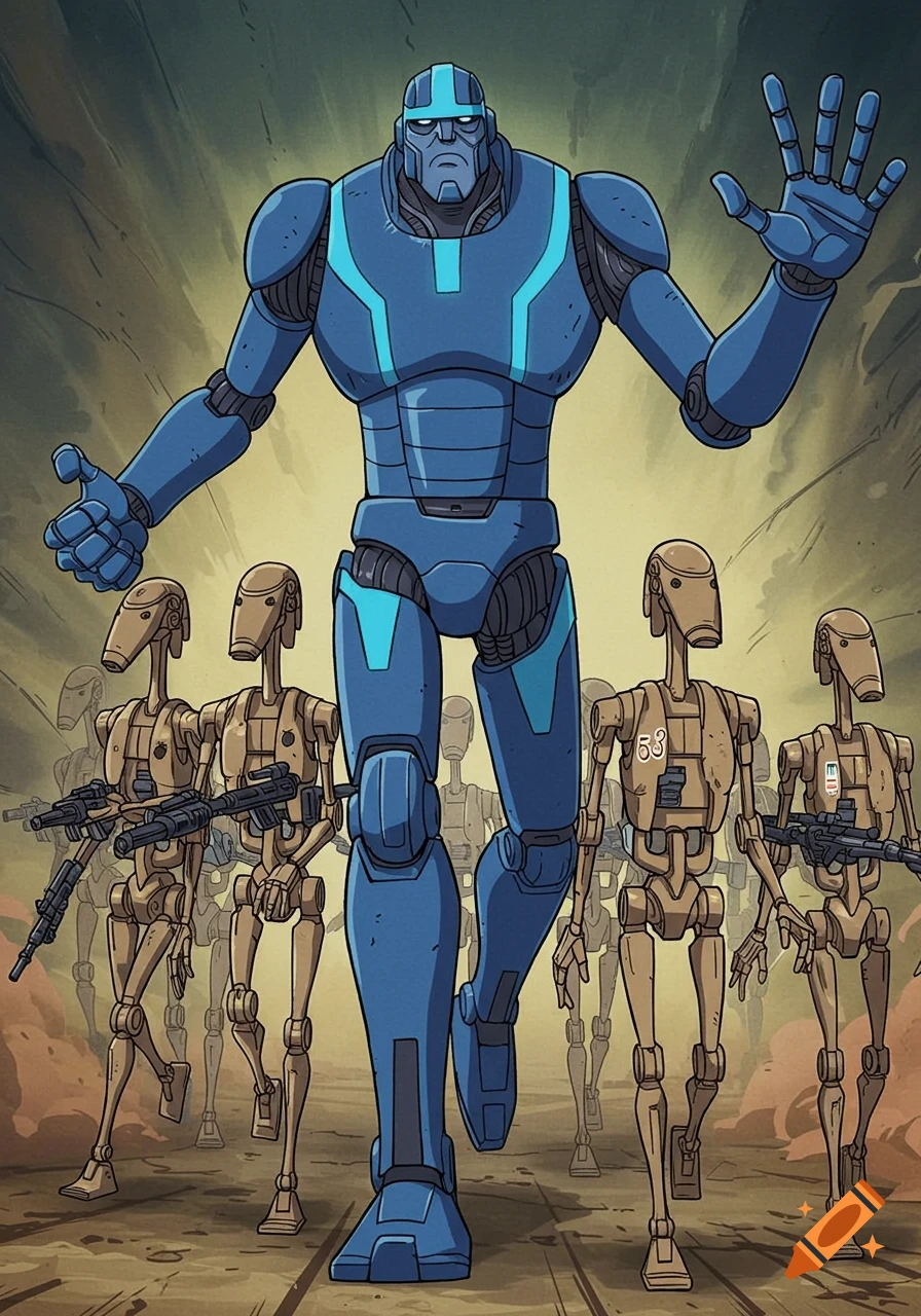 Large blue robot walks with tan battle droids behind him in a comic ...
