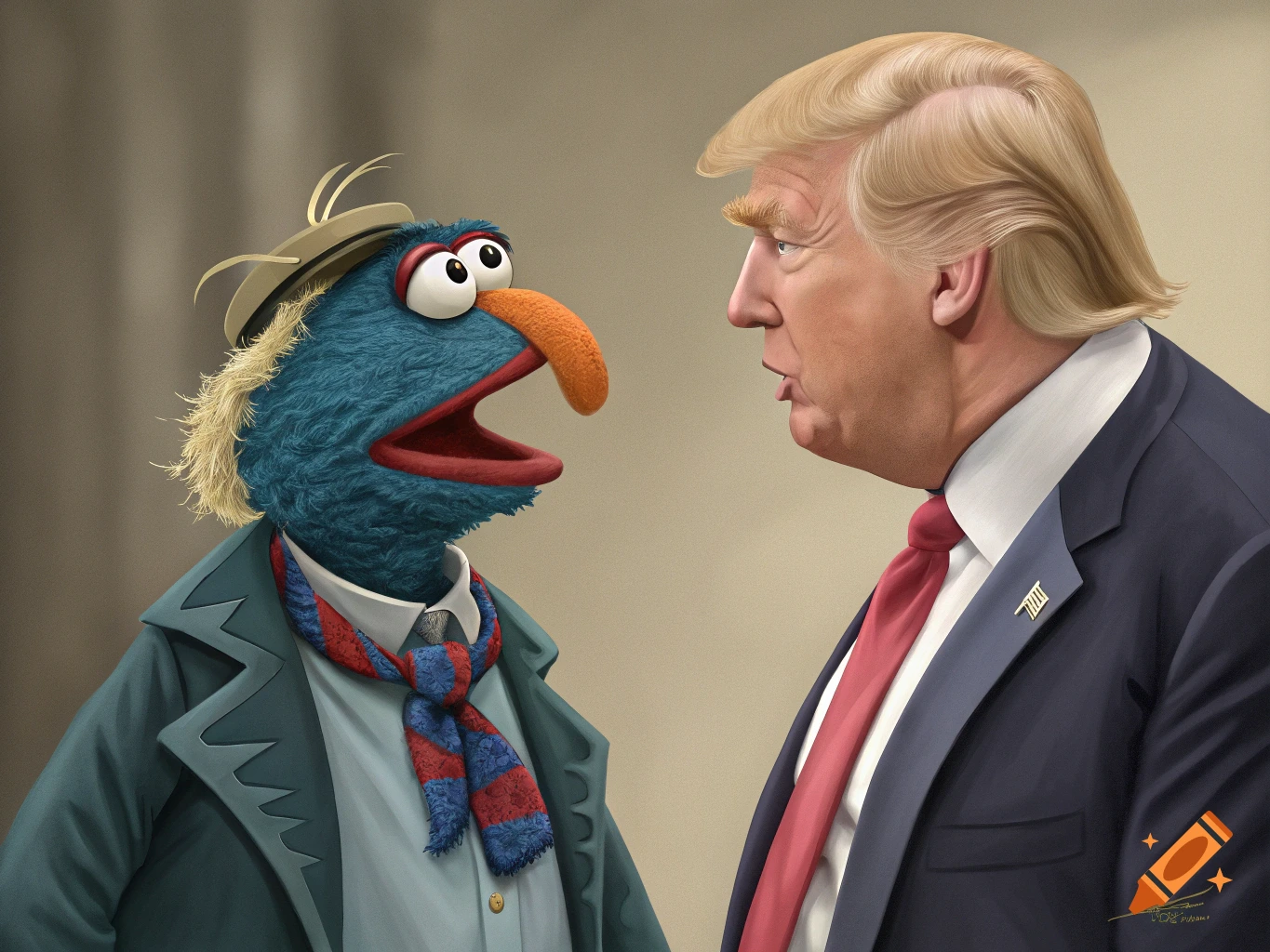 Gonzo the Muppet and Donald Trump face each other in a photorealistic ...