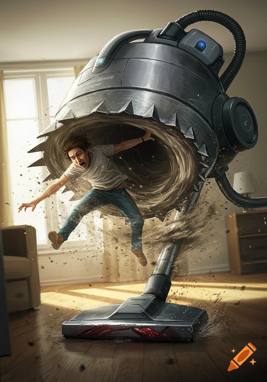 A man is sucked into a giant vacuum cleaner head with sharp teeth in a ...
