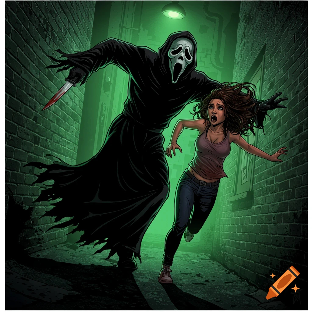 A person runs from Ghostface with a knife in a green-lit alleyway ...