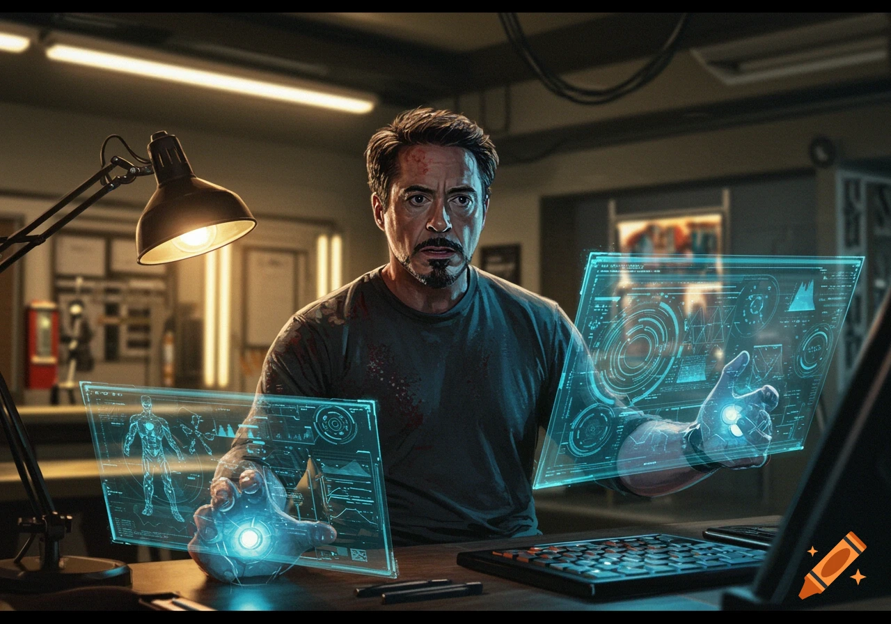 Tony Stark in a workshop interacts with holographic screens displaying data and diagrams. on Craiyon