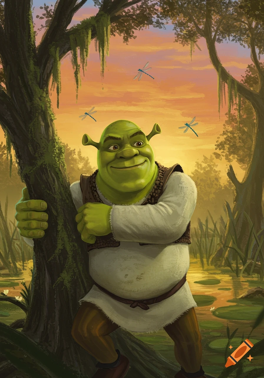 Shrek stands next to a tree in a swamp at sunset with dragonflies ...