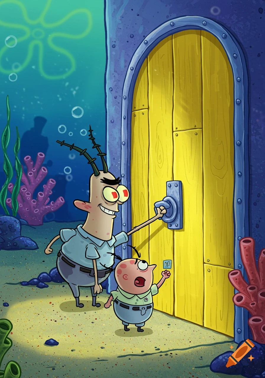 Plankton and his son Chip knock on a yellow door underwater. on Craiyon
