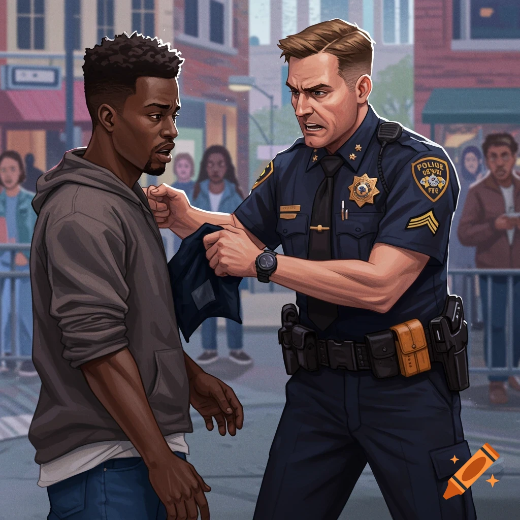 Illustration of a police officer confronting a civilian on a city ...